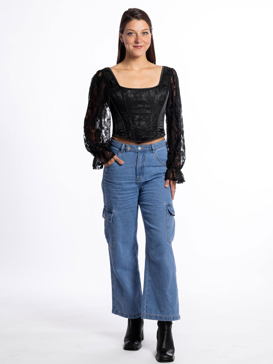 New Satin and Lace Long Sleeved Cropped Corset Top by Orchard Corset
